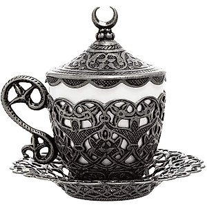 Alisveristime (1 Pc Turkish Coffee Cup - Traditional Design with Crescent Motif, Porcelain Cup and Saucer for Turkish, Greek, Arabic Coffee and Espresso (Gelincik) (Black)
