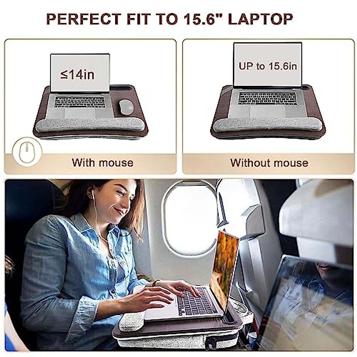 Lap Desk Laptop Bed Table: Home Office Portable Computer Lapdesk with Soft Pillow Cushion and Storage Bag - Wood Wide Writing Padded Tray for Work and Gaming on Couch - Fits up to 15.6 Inch Laptop