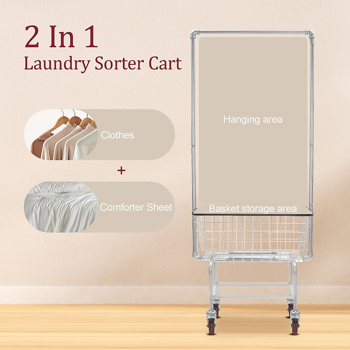 Wire Laundry Cart with Hanging Rack, Wire Laundry Basket With Wheels 27''x22''x67'', Commercial Wire Laundry Basket Cart With drying rod, Galvanized Steel Frame with 5'' Casters, Wire Basket Cart