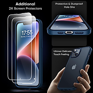 LϟK 3-in-1 for iPhone 13 Case for iPhone 14 Case, Translucent Matte Back with 2X Screen Protectors, [Military-Grade Drop Tested] Shockproof Slim Anti-Fingerprint Phone Case for iPhone 13/14, Blue