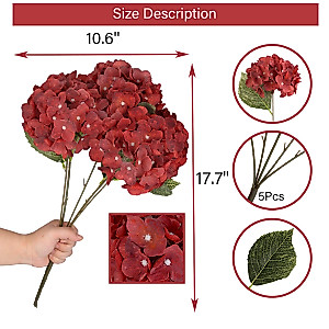Louiesya Artificial Flowers Silk Hydrangea Flowers with 5 Big Heads Fake Flower Bunch Bouquet for Home Wedding Party Decor DIY (Dark Red, 5 Flower Heads)
