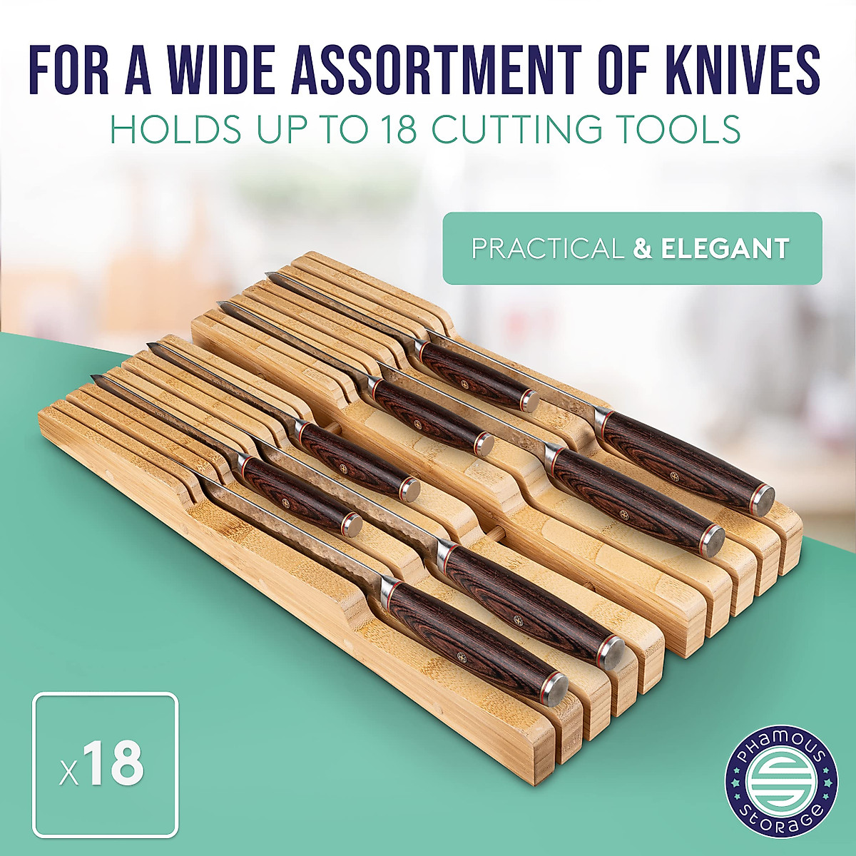 PHAMOUS STORAGE Knife Drawer Organizer - Kitchen Organizer - Knife Block Without Knives - Knife Storage for 10 Knives & Sharpener - High Holding Capacity