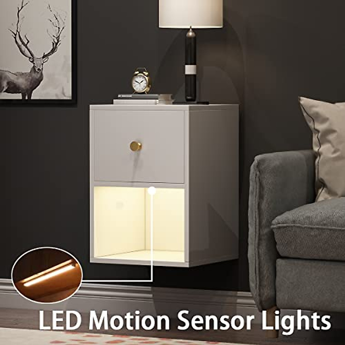 BOTALEGRE Floating Nightstand with Motion Sensor Light Wall Mounted Shelf with Drawer and Open Storage Shelf