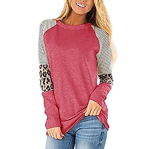 Sexy Tops for Women Fall Women's Long Sleeve Top Fall and Winter Fashion Leopard Print Striped Print Round Neck Shirt Loose Casual Watermelon Red XL