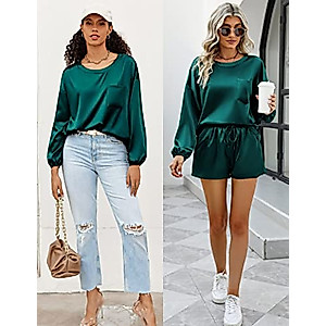 Ekouaer Satin Pajama Set for Women Silk Pajamas Set Satin Pj Set Long Sleeve Top and Shorts Two Piece Sleep Set Silky Sleepwear Lake Green Large