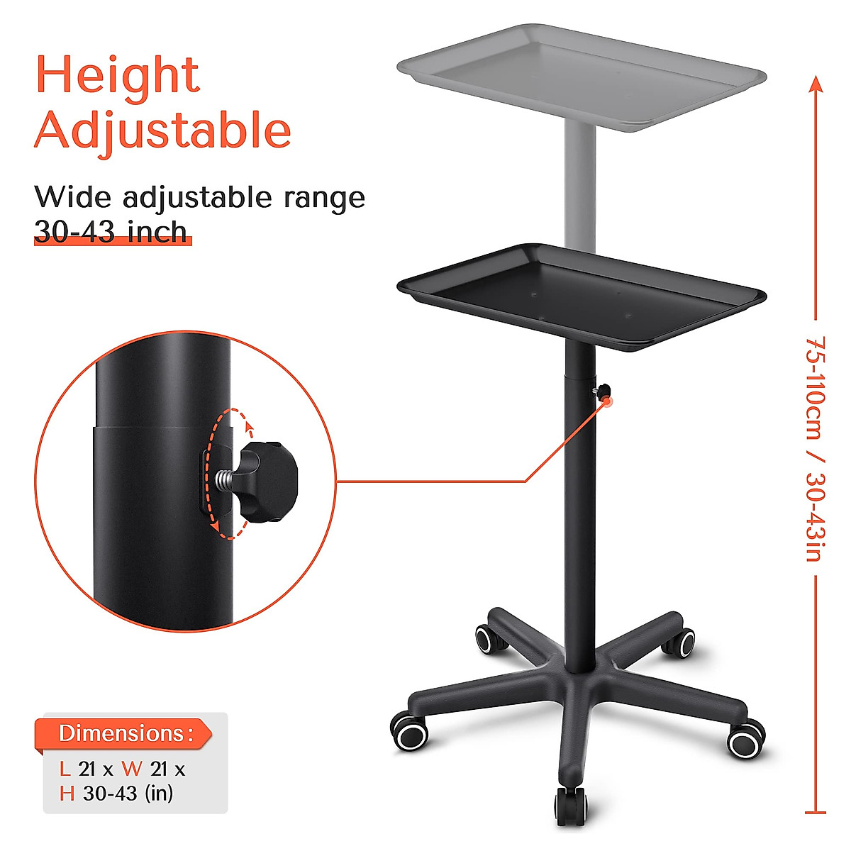 TASALON Salon Tray on Wheels, Adjustable Salon Rolling Tray for Hairstylist Must Haves, Aluminum Tattoo Tray with Wheels, Black Salon Trolley Cart for Beauty, Tattoo Supplies, Salon Equipment