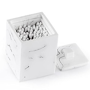 Sanbege 2 pcs Cotton Swab Holder with Lid, Resin Q-tips Container, Cotton Ball Canister for Vanity, Dresser Counter, Bathroom Sink Organizer (White Marble)