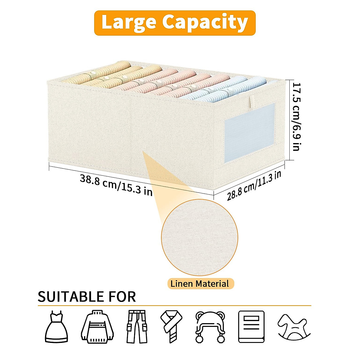 WINSTECK 4 Pack Linen Closet Organizers and Storage Bins, Storage Containers with Clear Window, Large Storage Boxes Baskets for Organizing Clothing, Jeans, Toys, Books, Shelves, Closet, Wardrobe