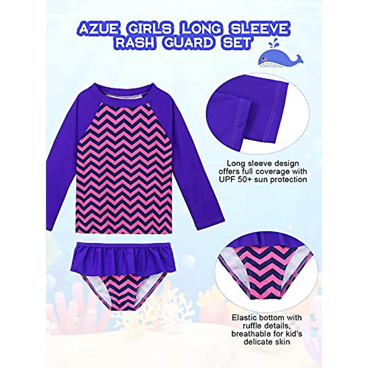 Girls Two Piece Swimsuits Baby Girls Long Sleeve Tankini Girls Rash Guard Set UPF 50+ Toddler Bathing Suit Swimwear Navy Watermelon 2-3T