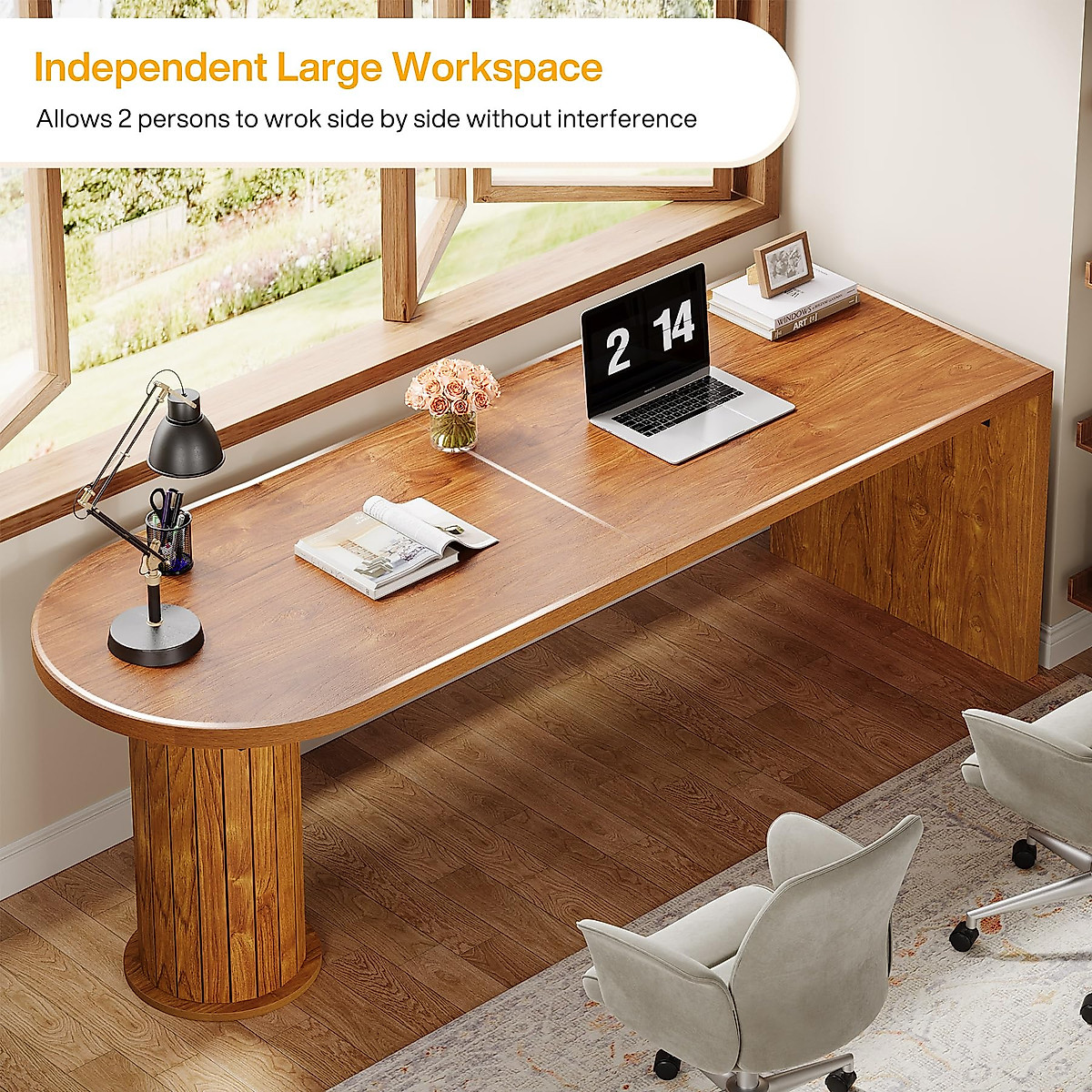 Tribesigns 78.74-Inch 2 Persons Double Desk, Extra Long Ellipse Computer Desk, Wooden Home Office Desk with Cylindrical Pedestal, Industrial Study Writing Table Workstation Business Furniture