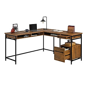 Sauder Iron City Engineered Wood L-Desk in Checked Oak Finish