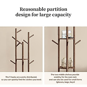 KASLANDI Coat Rack, Rotary Coat Rack Freestanding,FAS Grade Rubber Wood,Coat Rack Stand with 3 Shelves and 9 Hooks, Sturdy and Easy Assembly Wooden Coat Tree (Walnut)
