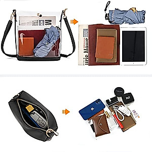 Valleycomfy Clear Shoulder Bags Purse Gift for Women with Adjustable Strap Pu Leather Tote Handbags for Sports Concert Prom Party Present Set 2pcs,Black