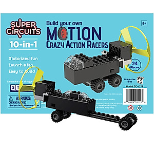 Super Circuits BYO Crazy Electric Racers 10-in-1 STEM Kit, Fan Launch Toy Building Block Set, 10 Different Action Racers, Motorized Fun, Great Science Project for Kids, Birthday Gift, Boys, Girls, 8+