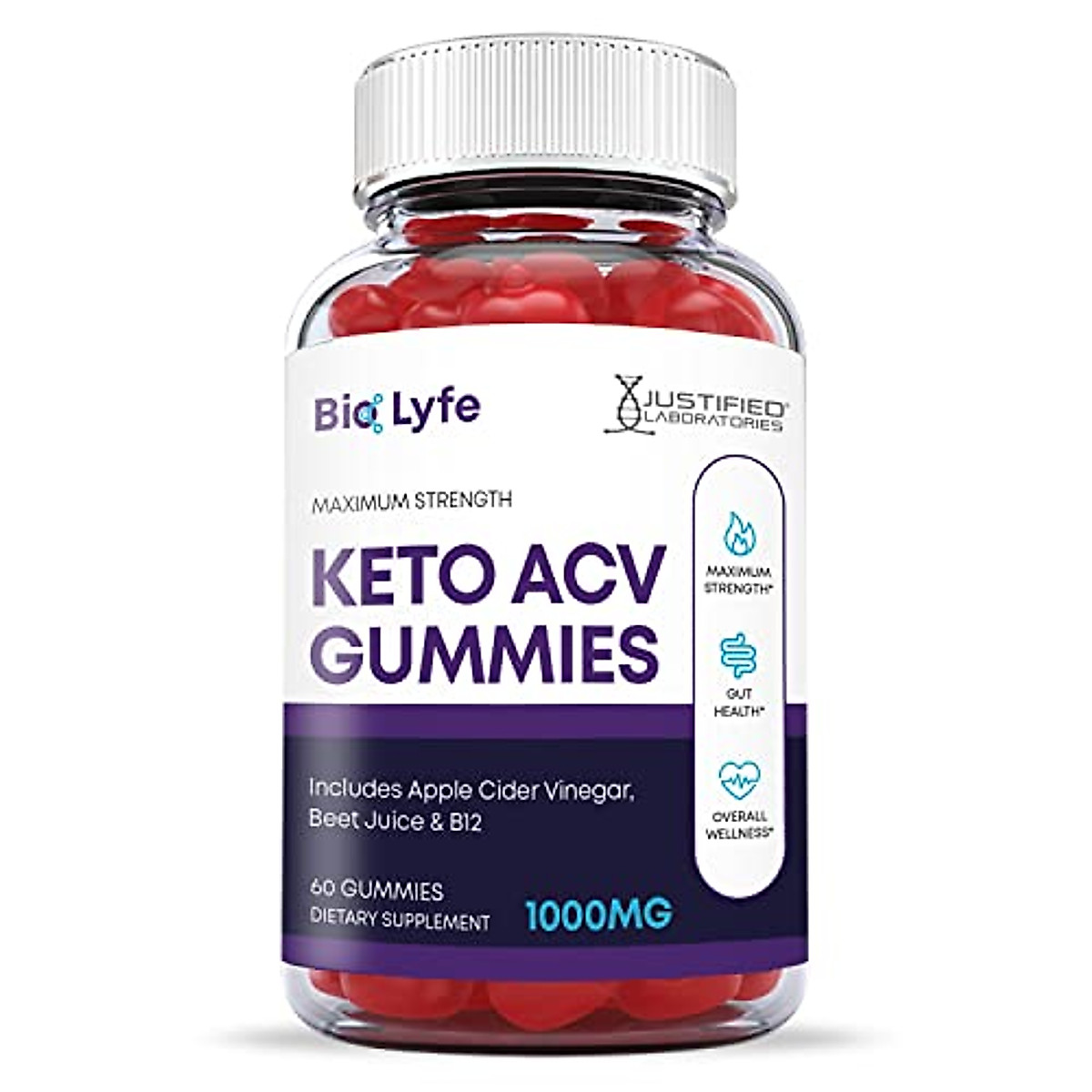 Justified Laboratories Bio Lyfe Keto ACV Gummies 1000MG with Pomegranate Juice Beet Root B12 60 Gummys