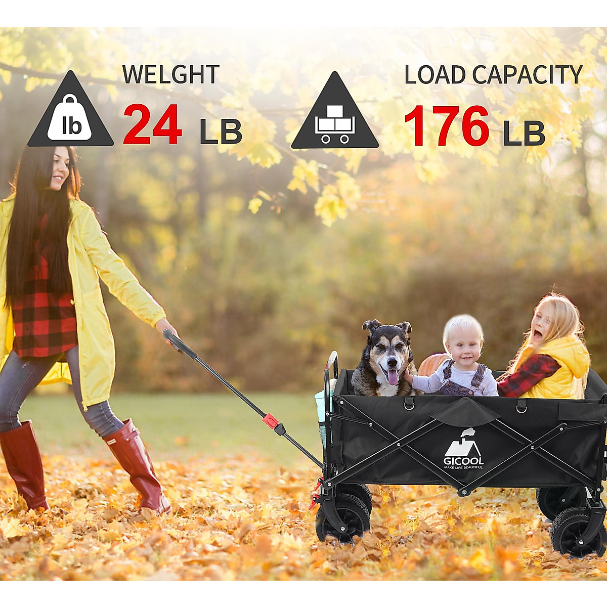 GICOOL Beach Wagon Collapsible Heavy Duty Folding Wagon Cart with Big Wheels & Brake, Large Capacity Folding Utility Wagon Cart, for Pet Sand Outdoor Camping Garden Works Shopping