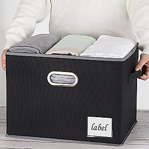 PFFVRP Extra Large Storage Bins with Lids, 16"x12"x12" Foldable Linen Fabric Storage Boxes with Lids, Storage Basket with Lid with Handles and Label, Storage Bin for Living Room Closet Office (Black)