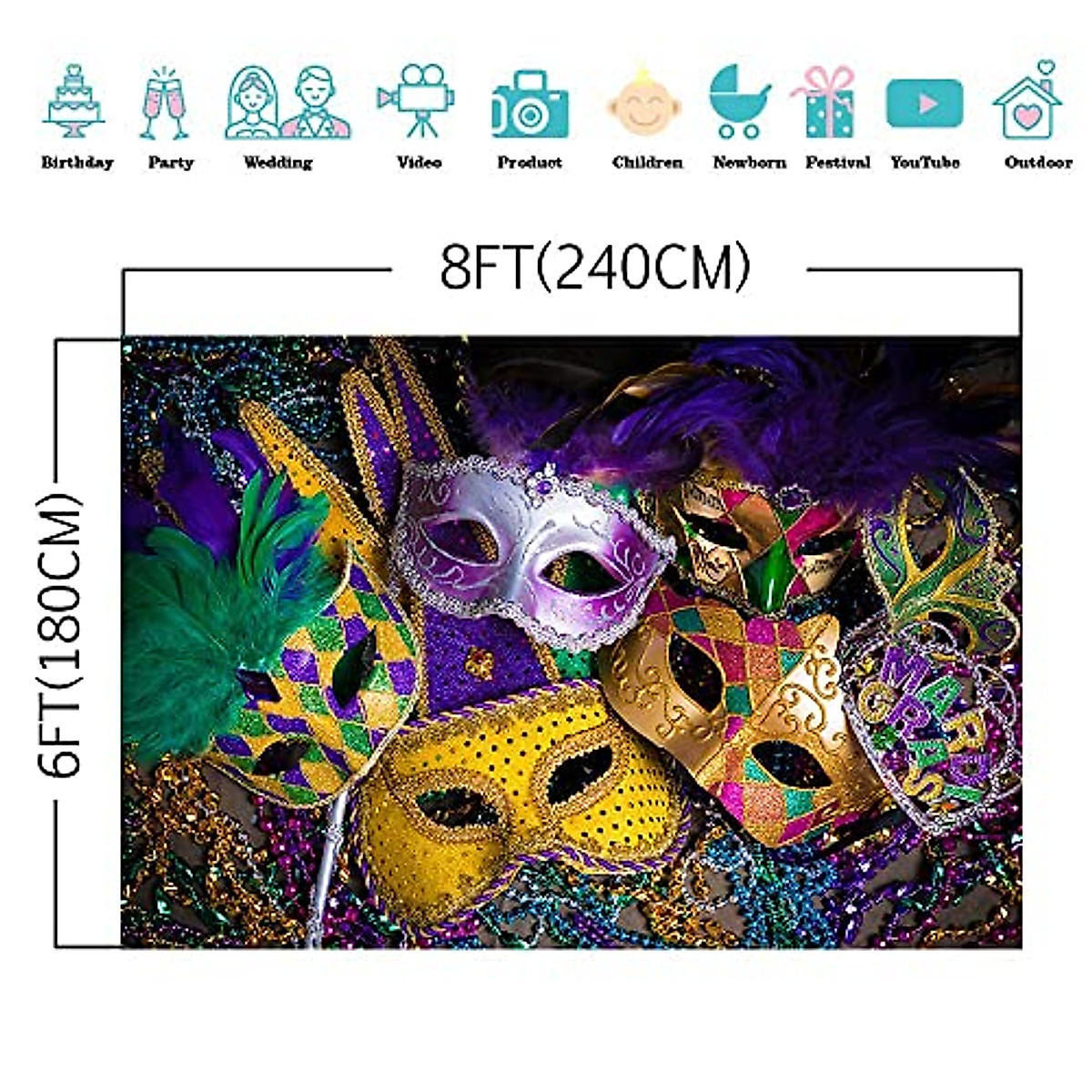 Masquerade Backdrops Purple Gold Glitter Beads Mask Carnival Photography Backdrop Fiesta Mardi Gras Dance Photo Background Birthday Party Photo Booths Props Decorations Supplies Vinyl 8x6ft
