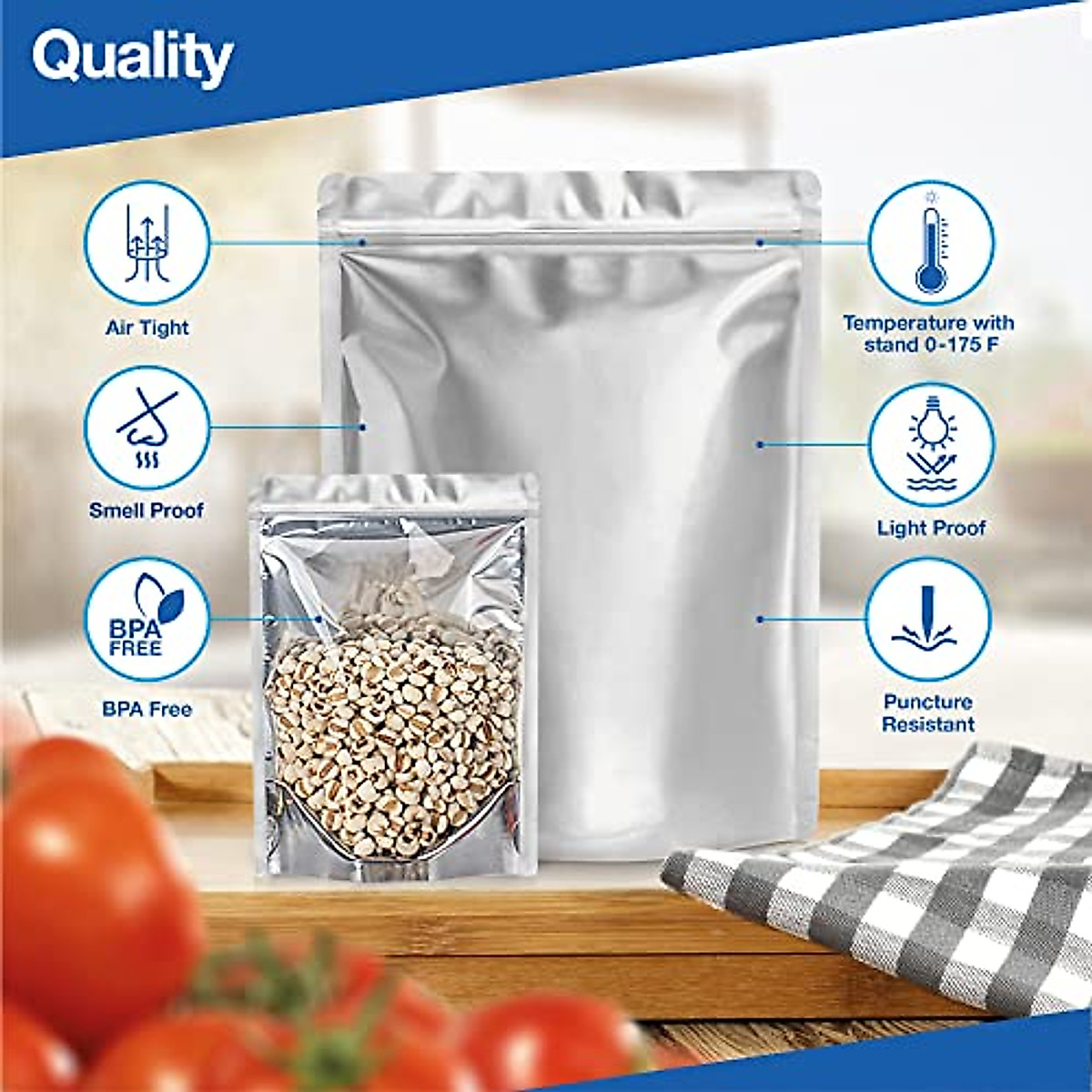 BELLE KR® 100 Pcs Mylar Bags for Food Storage With Oxygen Absorber 500cc - Large Mylar bags 1 Gallon(10x14), 7x10 & 5x8, 4x6 with 1 Side Clear - (25 Pcs Each) Stand Up Mylar Bags with 100 Labels