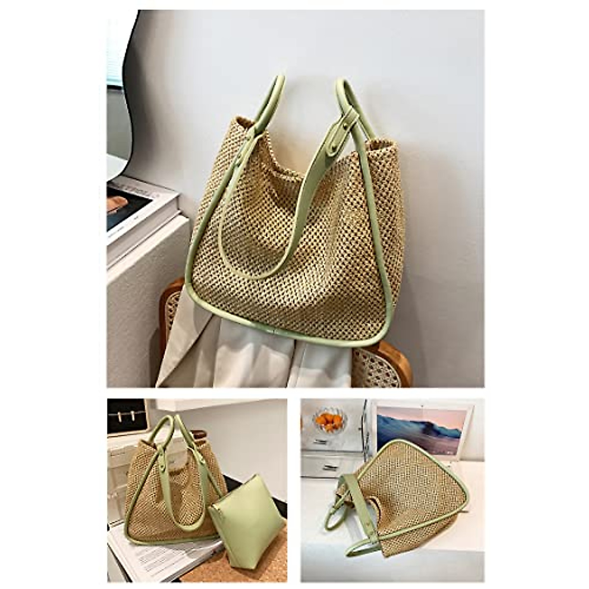 Ulisty Women Straw Bag Weave Tote Bag Summer Beach Bag Shoulder Bag Top Handle Bag Handbag 2 Pcs Set green