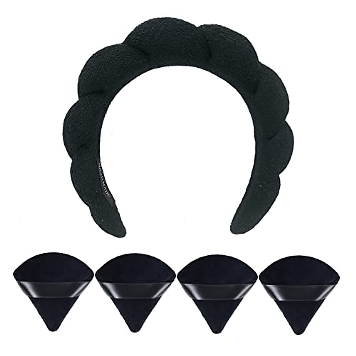 Spa Headband for Women, Makeup Headbands with Triangle Powder Puff, Sponge and Terry Towel Cloth Fabric Hair Band and Versed Headband for Face Washing, Makeup Removal, Shower, Skincare (Black)
