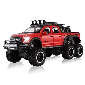 MYJJTYS Toy Pickup F150 six-Wheel (Length 8.6 inch) Metal die-cast Model car Sound and Light with Motorcycle Toy car 3 4 5 6 7 8 9 10 11 12 Year Old boy Toy (Red)