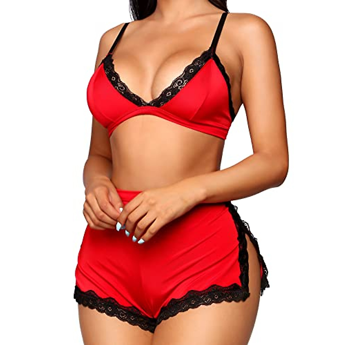 RSLOVE Sexy Pajama Set for Women Soft Lingerie Set Lace Trim Sleepwear 2 piece Pjs Shorts Set Red M