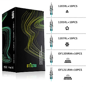 STIGMA Aquamarine Knight Tattoo Cartridge Needles 50pcs Assorted Sizes 0.35mm RL+RM (1203RL 1205RL 1207RL 1209RM 1215RM) Round Liner/Round Magnum EN02B-50KIT-X