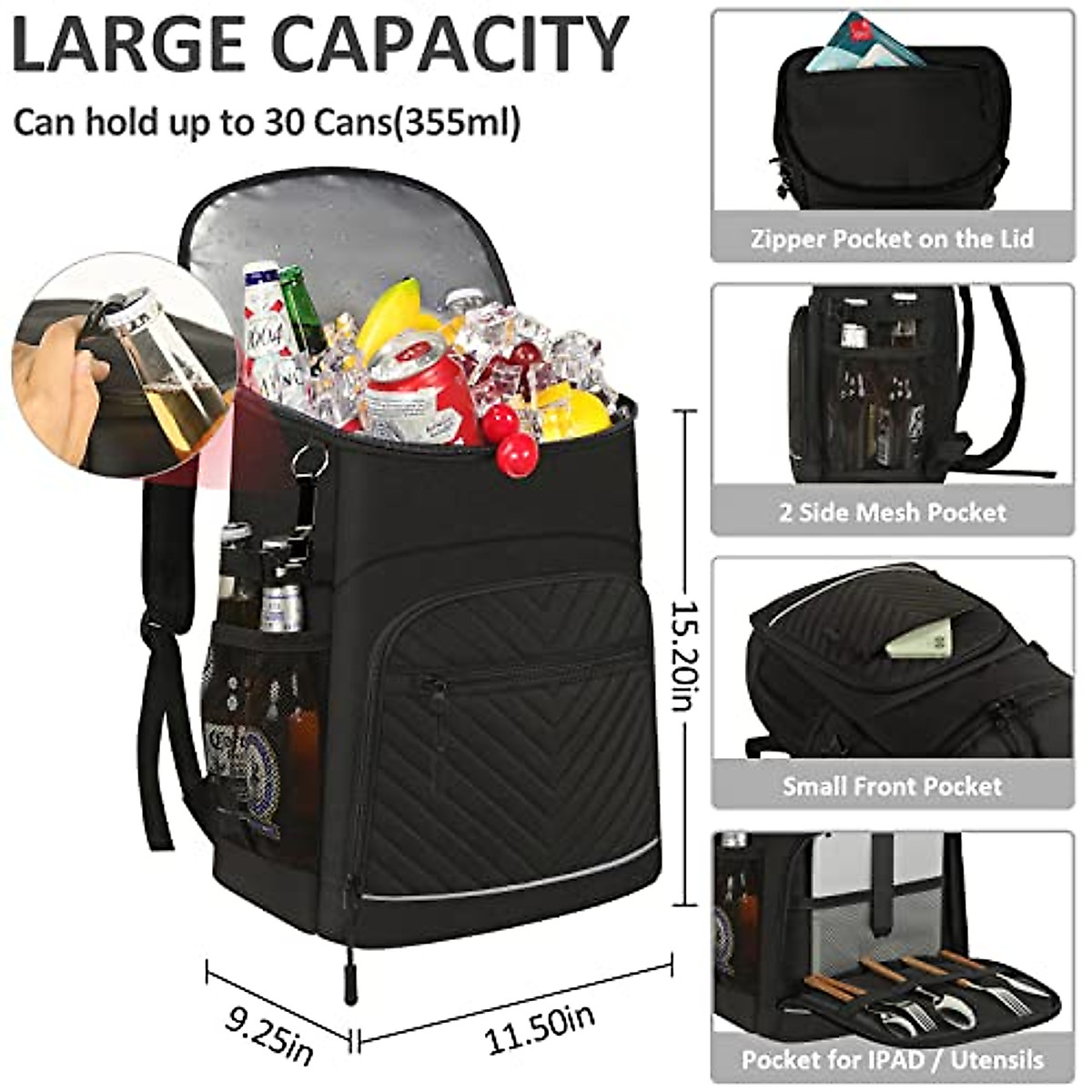 Cooler Backpack Insulated Leakproof Waterproof Backpack Cooler Bag 30 Cans, Large Capacity Lightweight Travel Camping Beach Drink Beverage Beer Bag Cooler Ice Chest for Men and Women, Black
