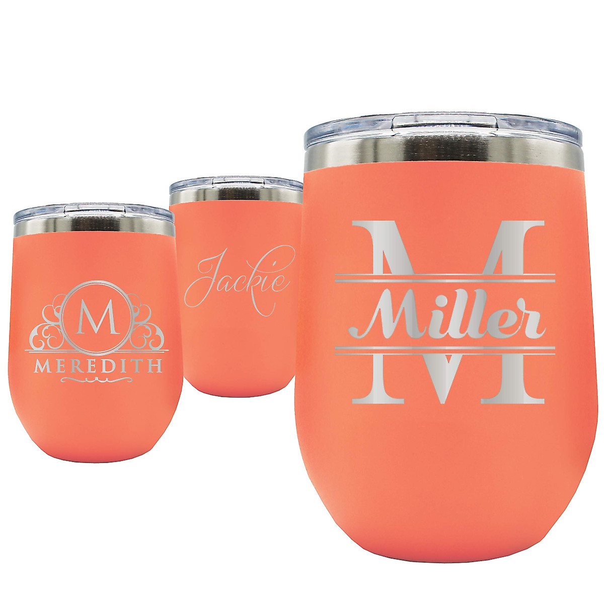 The Wedding Party Store Personalized 12 oz Insulated Stemless Wine Tumbler - Custom Engraved and Monogrammed (Coral)