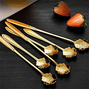 16 Pieces Flower Spoon Coffee Teaspoon 7 Inch Stainless Steel Long Handle Spoon Stir Bar Spoon Stirring Spoon Ice Cream Spoon Gold Sakura Shaped