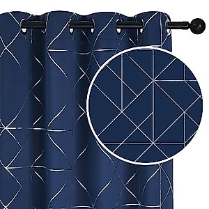 Deconovo Navy Curtains for Bedroom, 84 Inches Long Living Room Curtains Blackout, Silver Geometric Patterned Sliding Door Light Blocking Curtain Drapes, Black Out Window Curtain 52W x 84L 1 Pair
