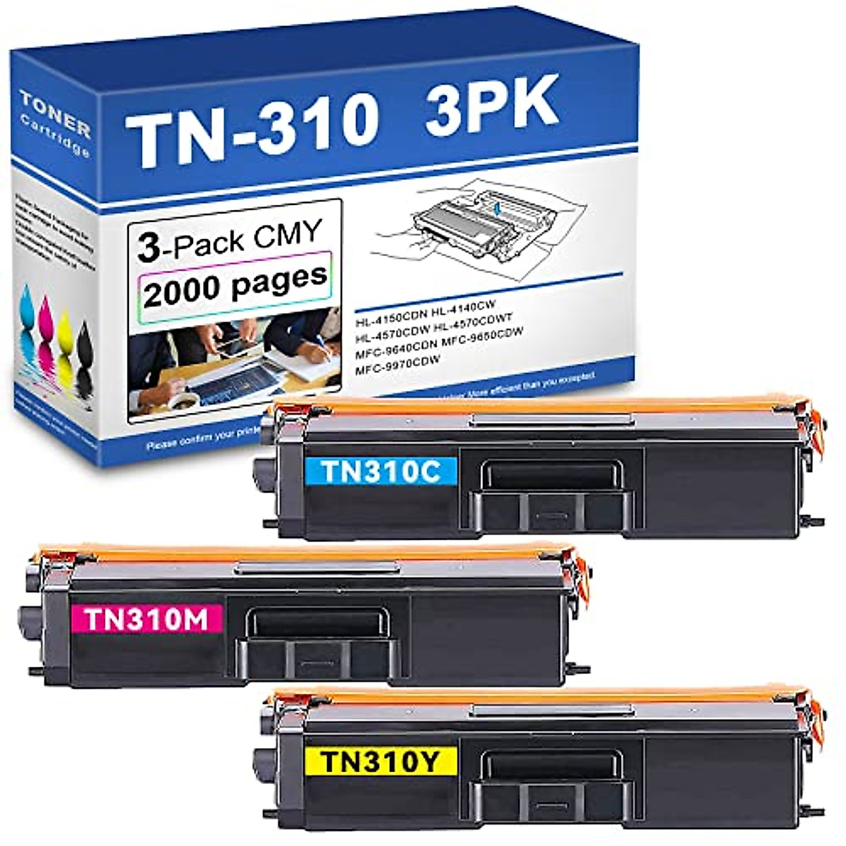 TN310 Compatible TN310C TN310M TN310Y Toner Cartridge Replacement for Brother HL-4150CDN HL-4140CW HL-4570CDW Printer Toner (1C+1Y+1M).