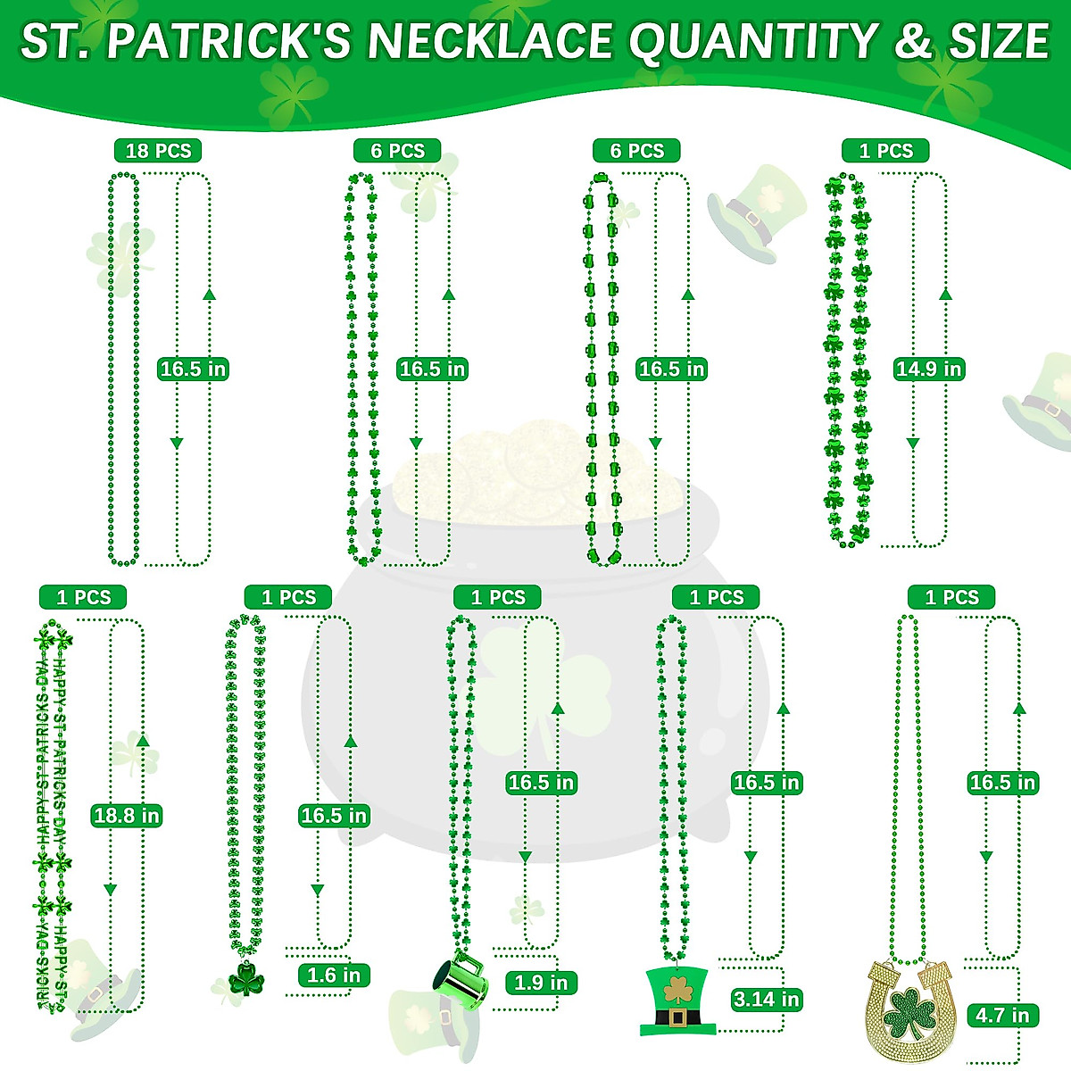 36PCS St. Patricks Day Beads, Irish 8 Kinds of St Patricks Necklace Necklace, Metallic Shamrock Beer Mug Coins Pendants Beads Necklaces, Adult St Patricks Necklaces Bulk for Parade Party Supplies