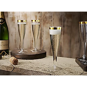 Munfix 50 Pack Gold Rimmed Plastic Champagne Flutes 5 Oz Clear Plastic Toasting Glasses Fancy Disposable Wedding Party Cocktail Cups with Gold Rim