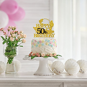 Fisherman Happy 50th Birthday Cake Topper - Fishing 50th Birthday Cake Decor Supplies - Fishing Enthusiasts 50th Birthday Party Decorations - Gold Glitter (50th)