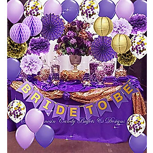 Purple Gold Bridal Shower Decorations Qian's Party Purple Gold Confetti Ballons Polka Dot Fans/Bride to Be Banner Purple Gold, Hen Party Engagement Banner Bachelorette Party Decorations