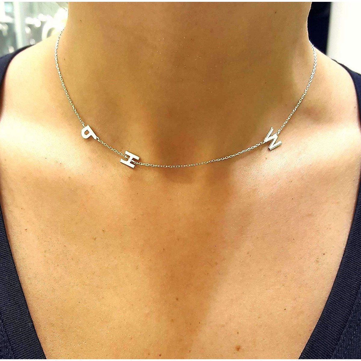 14k Sideways Initial Gold Necklace w Solitaire Diamond, Custom Multiple Letter Necklace, Personalized Solid Gold Initial Diamond Letter Necklace, Personalize Birthstone Bridesmaid Gift.