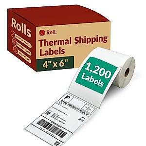 Reli. Thermal Shipping Labels (1200 Labels) 4x6 Thermal Labels Roll | Shipping Labels, Direct Thermal Printer Labels | White 4x6 Thermal Shipping Labels | Compatible w/Rollo Thermal Printer (4 Rolls)