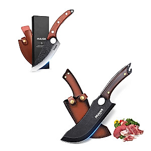 Huusk Japan Knife Set Hand Forged Black Meat Cleaver for Meat Cutting Viking Knife with Sheath Outdoor Cooking Camping Knife Set