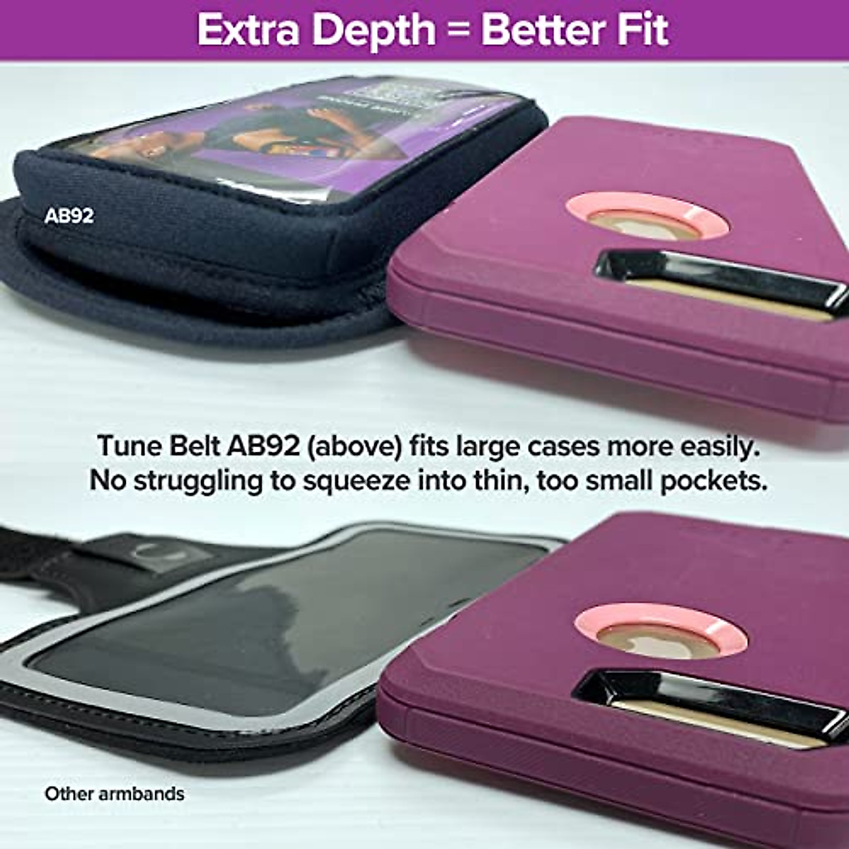 Tune Belt AB92 Cell Phone Running Armband Holder Case for iPhone 14 Pro Max, 14 Plus, 11/12/13 Pro Max, 11/XR/XS Max and Galaxy Note/Plus/Ultra (Extra Depth fits Large Case) - Black