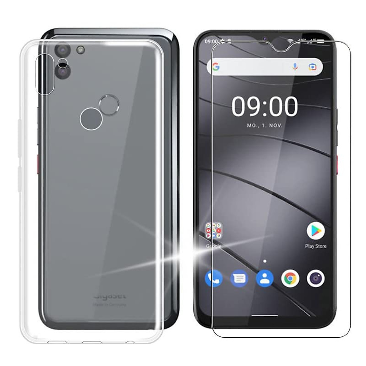 Ikiiqii Cover for Gigaset GS5 Lite (6.30") case Shell Soft Silicone TPU Transparent Protective Cases + 9H Hardness HD Tempered Glass Screen Protector Film Protection -Clear