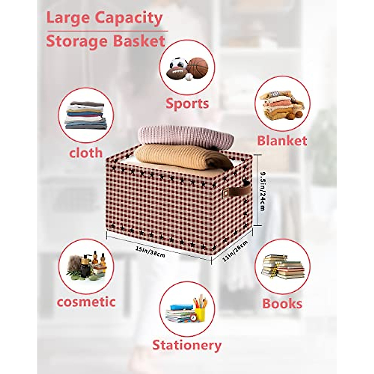 Country Star Storage Basket Waterproof Cube Storage Bin Organizer with Handles, Farmhouse Red Buffalo Plaid Rustic Collapsible Storage Cubes Bins for Clothes Books Toys 15"x11"x9.5"