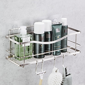 KINCMAX Shower Caddy, Rustproof SUS304 Stainless Steel, Adhesive Wall Mount Drill-Free Baskets with Hooks (Polished Silver)