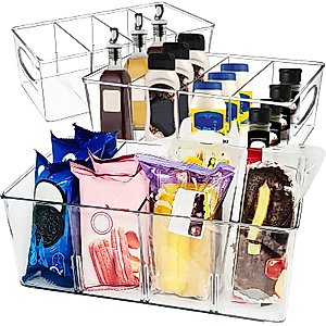 3 Pack Pantry Organizer Bins with Removable Dividers, Divided Food Storage Containers, Perfect for Cabinet Organizers, Kitchen Organization, Pantry Storage, Refrigerator Organizers