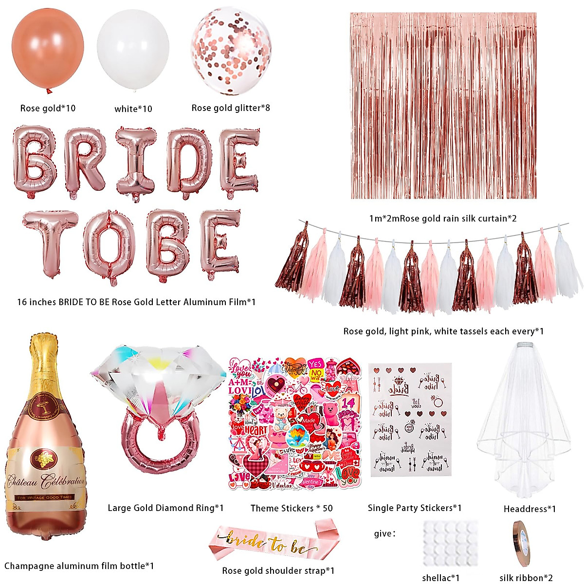 Bachelorette Party Decorations - Rose Gold Bridal Shower Party Decor and Supplies Kit Bride To Be Sash, Veil, Temporary Tattoos, Confetti Balloons Pack Fringe Curtain And Theme Stickers