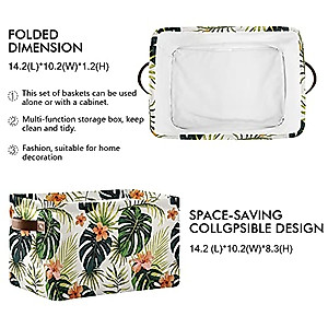 panksolu Tropical Palm Leaf Floral Storage Basket Collapsible Cloth Storage Cube Basket Bins Organizer with Handles Rectangular Large Toys Shelf Closet for Nursery Bedroom Home Office
