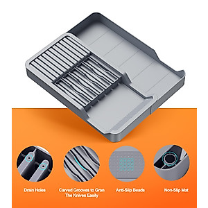 RISHTEN Kitchen Knife Drawer Organizer Grey, In Drawer Knife Block Holder with Expandable Cutlery Tray Compact Organization Drawer Storage Holds Up To 11 Knives (Including Hooks&Sponges)