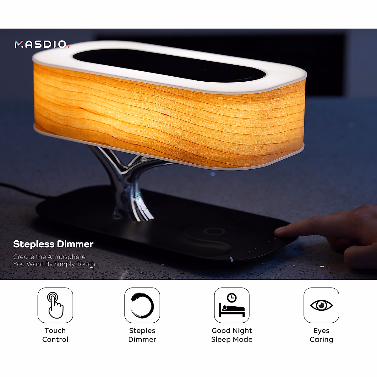 Masdio Bedside Lamp Light of Tree Pro Desk Lamp with 10W Fast Wireless Charger and Bluetooth Speaker, Touch Lamp for Bedroom