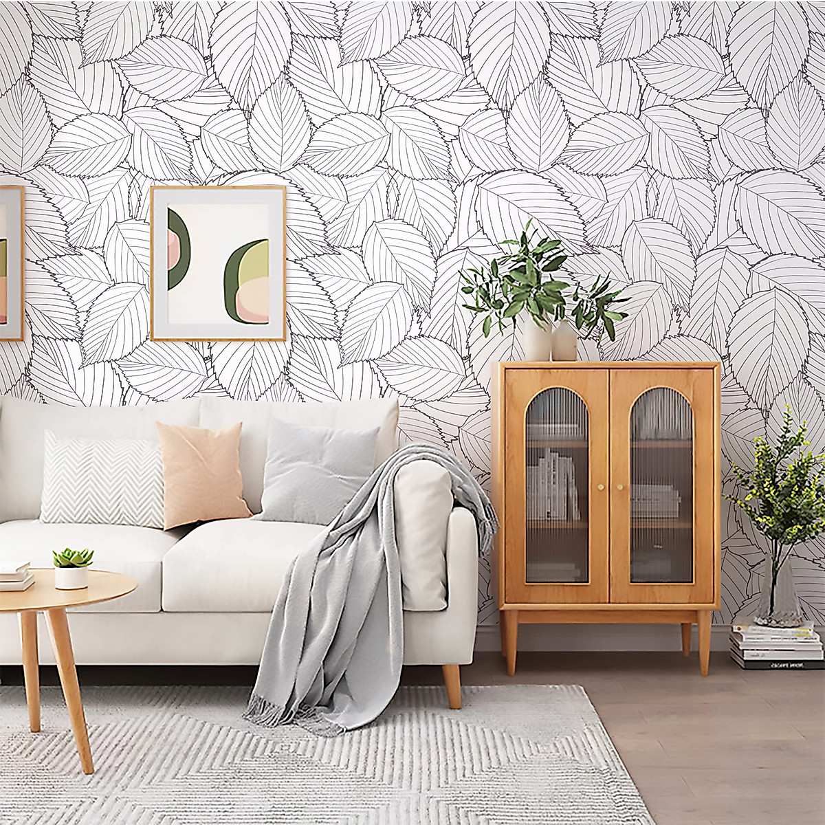 Kitico Gray Leaf Wallpaper 17.7''x197'' Modern Gray Leaf Peel and Stick Wallpaper Removable Self Adhesive Wallpaper White and Gray Leaves Contact Paper forBedroom Home Decoration